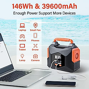 BailiBatt Portable Power Station 150W, 146Wh Camping Solar Generator, Lithium Battery Bank Power Supply with 2 110V/150W (Peak 300W) AC/2 DC/2 USB/ 1 QC 3.0/1 USB-C for CPAP Home Camping Emergency, Orange