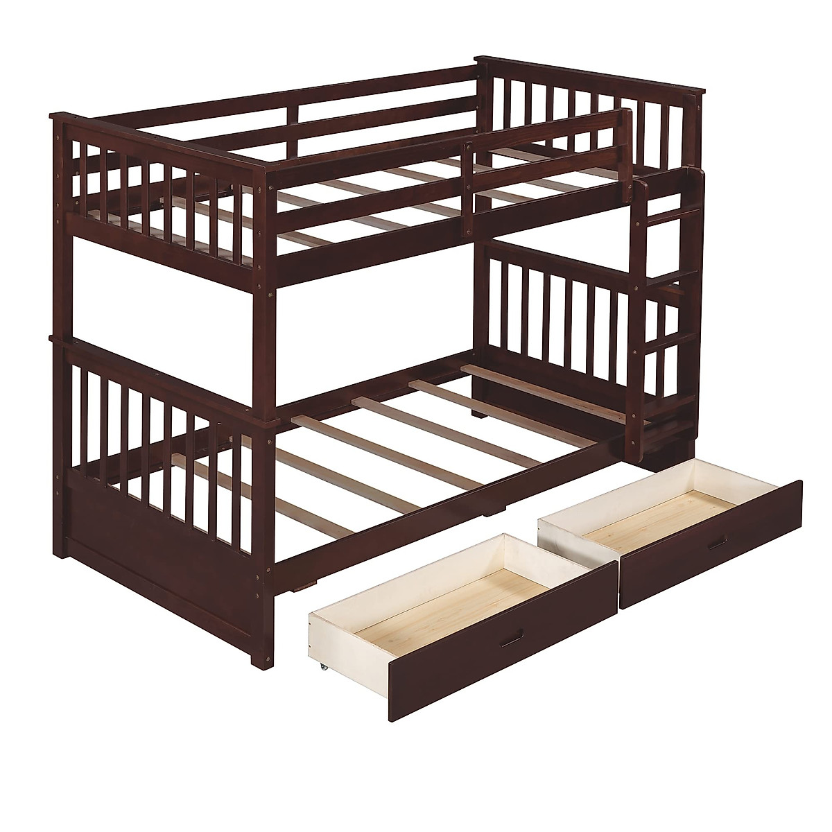 Merax Wood Bunk Bed with Drawers,Convertible Wood Bunk Bed with Ladders and Two Storage Drawers,Solid Wood Detachable Bunk Bed Frame with Ladders,Twin Over Twin Size,Espresso