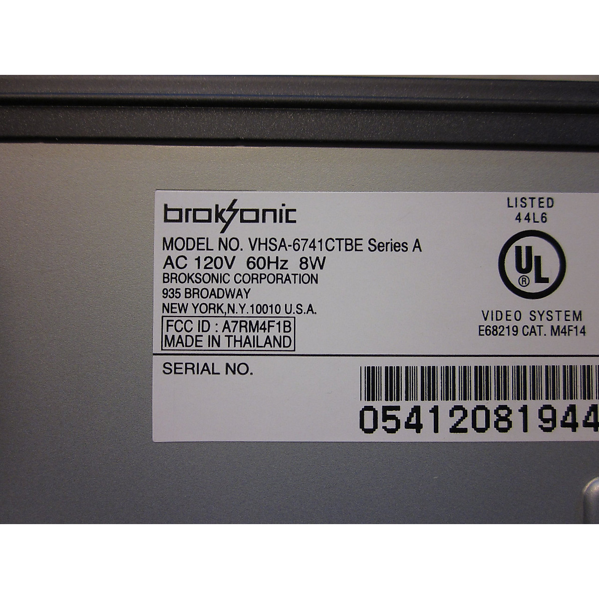 Broksonic 4-Head Mono VCR (VHSA-6741CTBE)