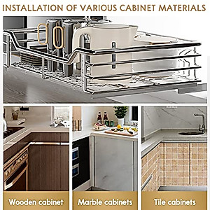 2 Tier Cabinet Pull Out Shelves 304 Stainless Steel Wire Basket Sliding Drawer for Cabinet Storage Shelves Heavy Duty Slide Out Pan Lid Cookware Organizer for Kitchen Cupboard Pantry (74(W)*46(D)*14(