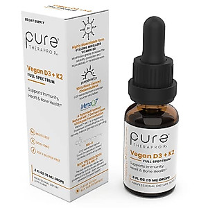 Pure Therapro Rx Vegan D3 + K2 Organic Full Spectrum Liquid for Maximum Absorption, Vitamin D3 and Vitamin K2 Supplements for Men and Women, D3 Vitamin 5000 IU, Liquid Vitamin D3 with K2-0.5 FL Oz