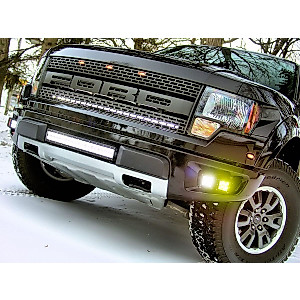 iJDMTOY LED Pod Light Fog Lamp Compatible With 2010-14 Ford SVT Raptor, Includes (4) 20W High Power Xenon White LED Cubes, (2) Amber Lens, Foglight Location Mounting Brackets & On/Off Switch Wiring