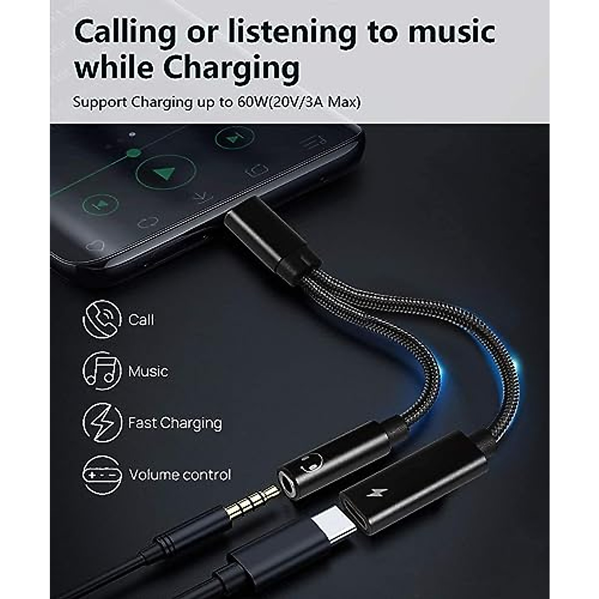 Pixel Galaxy Headphone Adapter, 2 in 1 USB C to 3.5mm Audio and Charging Adapter with PD 60W Fast Charge Compatible with Samsung S22 S21 S20 S20+ Ultra Note 10 20 Ultra, Google 7 6Pro 5 4 XL 3 XL 2XL