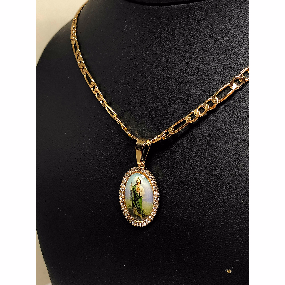 Gold Plated Saint Jude Pendant Necklace Figro 26" San Judas Tadeo Medalla Oro Laminado Figaro