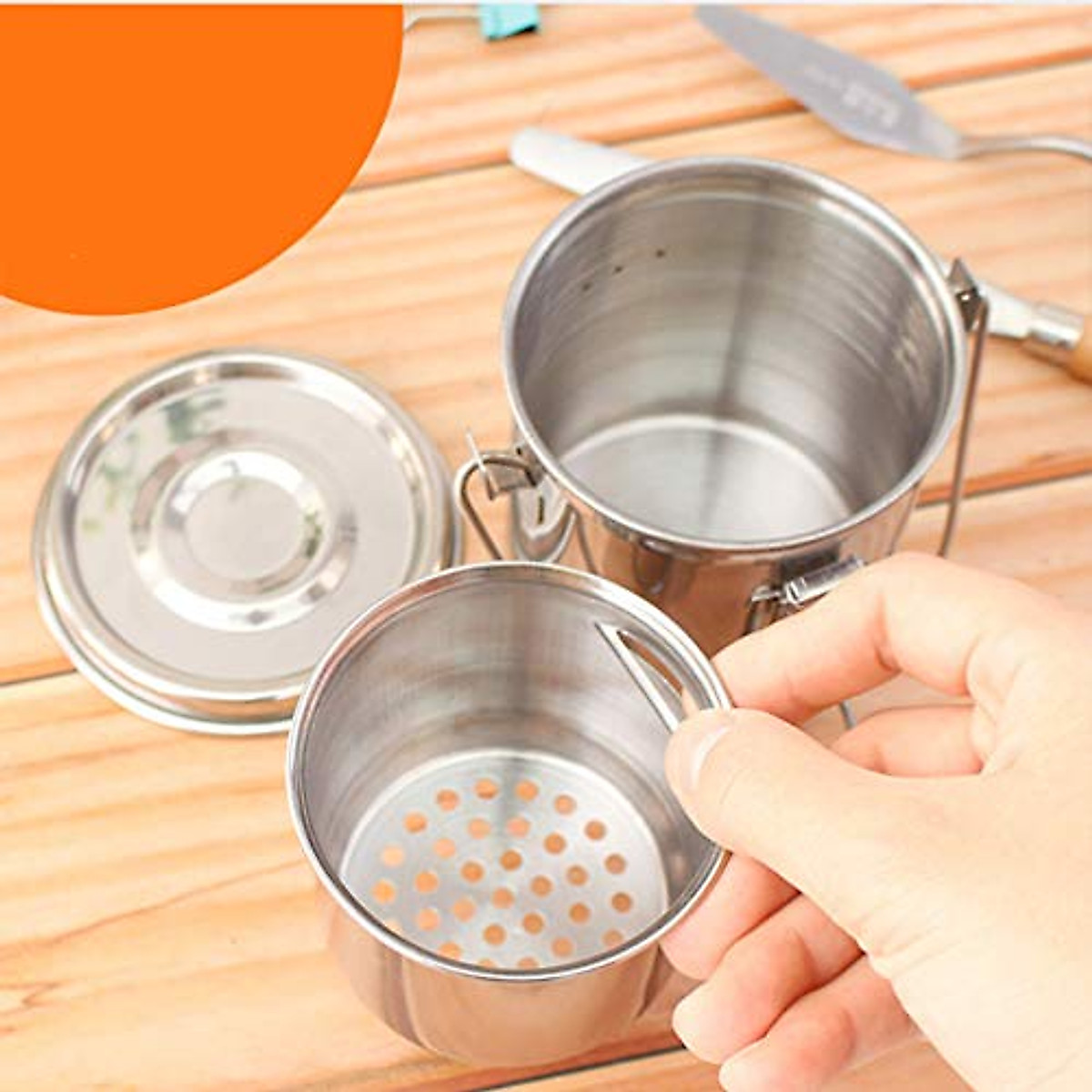 EXCEART Stainless Steel Brush Washer Portable Leak-Proof Artist Paint Brush Cleaner with Lid Removable Filter Screen for Oil Painting