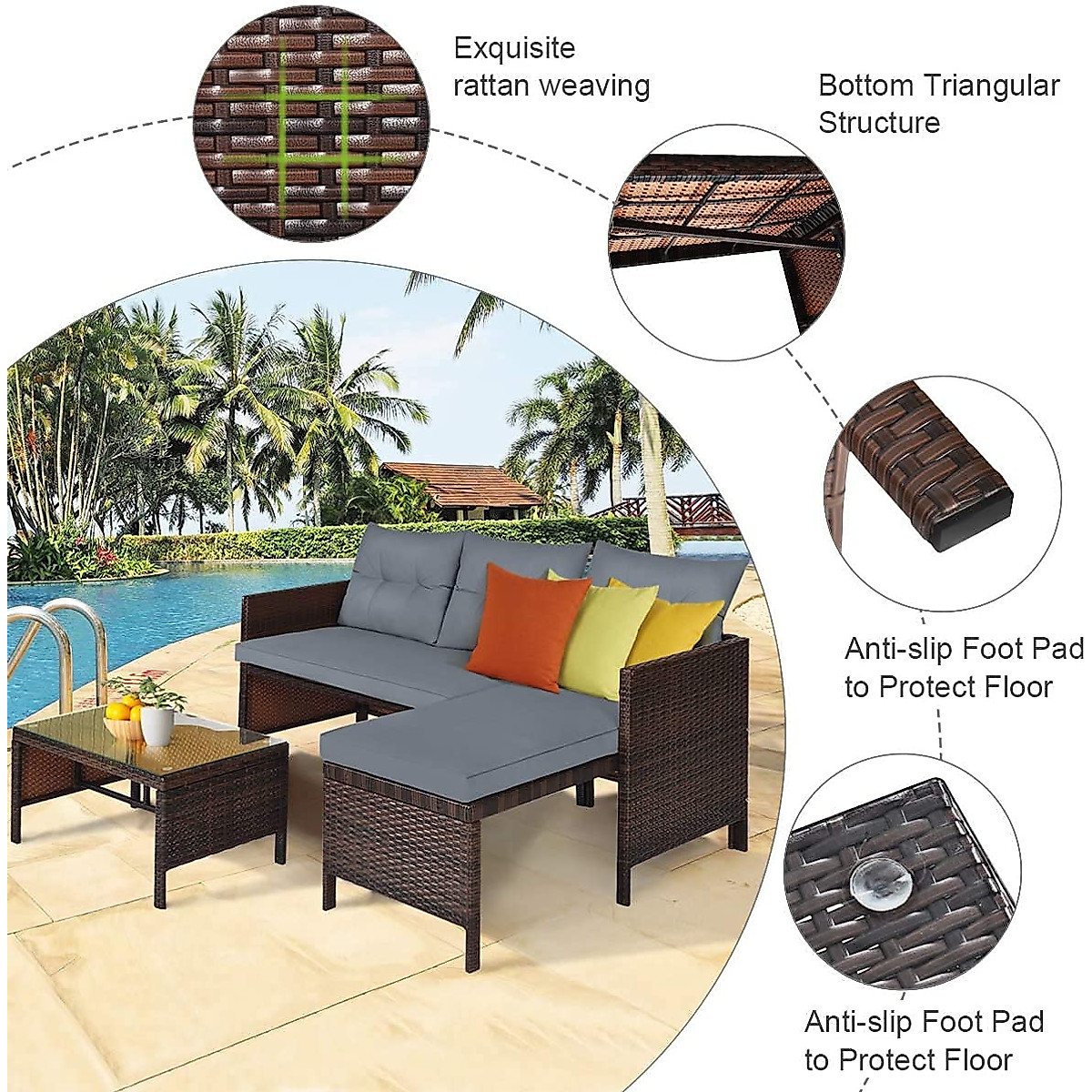 LUARANE Patio Corner Sofa Set, 3-Piece Outdoor Patio Conversation Furniture Sets, with Lounge Chair, Double Chair and Coffee Table, Patio Garden Poolside Lawn Backyard Furniture (Grey)