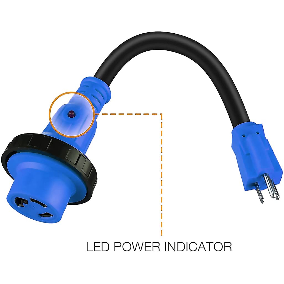 Miady 15A Male to 30A Female Locking Connector RV Adapter Cord 12" Camper Dogbone Adapter with LED Power Indicator (STW 10/3 Cord)