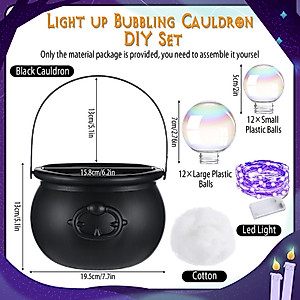 Liliful Light up Bubble Cauldron DIY Set, 7.68" Black Plastic Witches Cauldron with Handle 24 Pcs Clear Plastic Balls and String Light Halloween Cauldron Candy Bowl for Halloween Decorations (Purple)