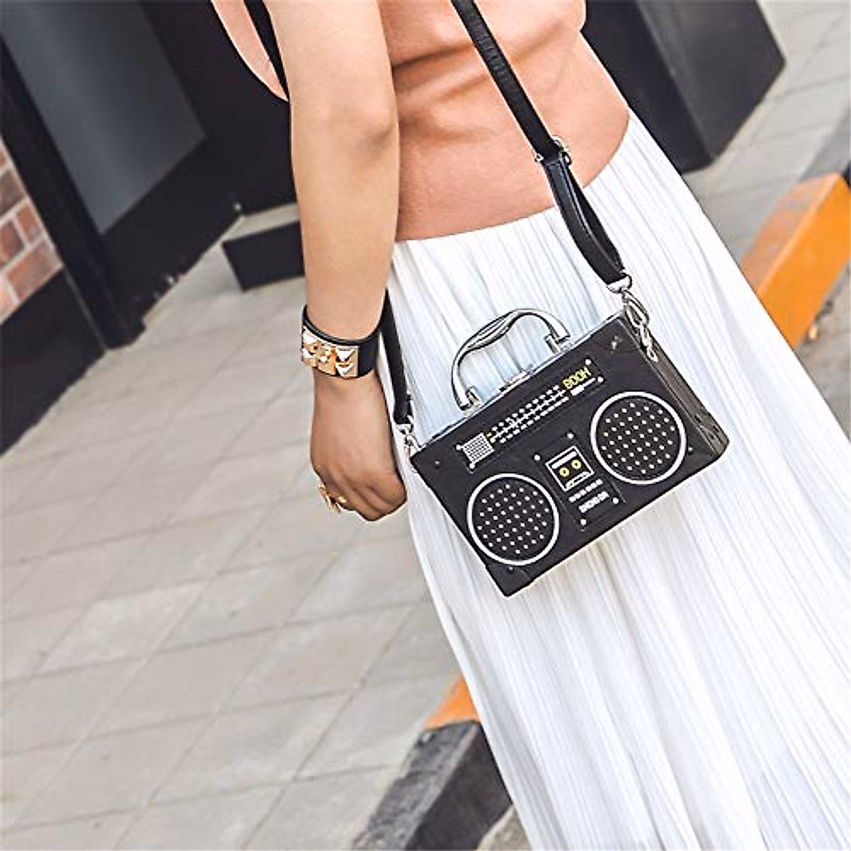 Unique Vintage Radio Shaped Crossbody Bag Women Clip Clasp Shoulder Bag Handbag (Black)