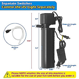 Aquarium Filter for 40-150 Gallon Tank, U-V Fish Tank Green Clean Machine Submersible Powerful Pump Canister Filter 400GPH for Pond Turtle Tank Saltwater Freshwater Crystal Clear Green Killing