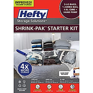 Hefty Super Starter Kit 5L, 3XL, 1XL Cube, and 1 Jumbo Bag, Reusable and Water resistant Vacuum Storage Bags, Total of 10 Bags + Hand Pump