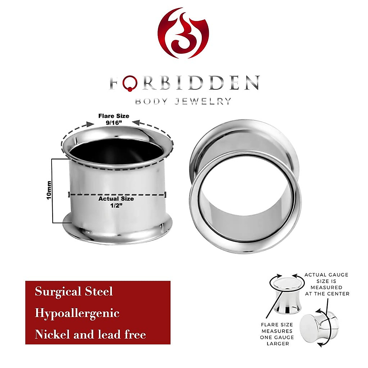 Forbidden Body Jewelry Ear Gauges, Ear Tunnels, Tunnels For Ears, 1/2 Inch (12mm) Surgical Steel Mirror Finish Double Flared Tunnel Plug Earrings (Sold in Pairs)