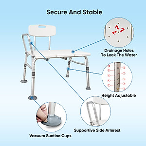 Nurhome Heavy Duty Bathtub Transfer Bench with Back and Side Arm Shower Chair with Height Adjustable Bath Shower Bench Chair Fits Any Bathroom for Elderly Disabled Non-Slip Feet 330 lbs
