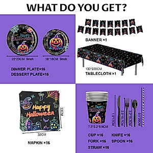 150 Pcs Neon Halloween Party Supplies for 16 Guest, Glow in The Dark Halloween Paper Plates and Napkins Disposable Tableware Set Include Knife Fork Spoon for Happy Halloween Birthday Party Supplies