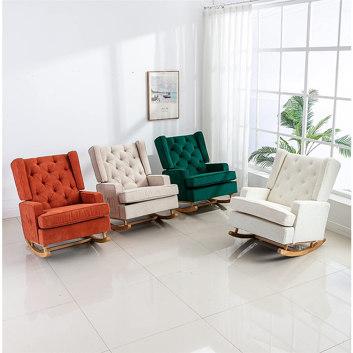 KINFFICT Upholstered Accent Rocking Chair, Mid Century Glider Rocker for Baby Nursery, Modern Wingback Armchair for Living Room, Bedroom, 300 LBS Weight Capacity, Beige