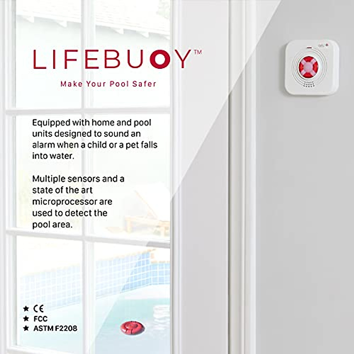 lifebuoy Pool Alarm System - Pool Motion Sensor with Advanced Algorithm - Smart Pool Alarm That is Application Controlled. Powerful Sirens Blare at Poolside and Indoors