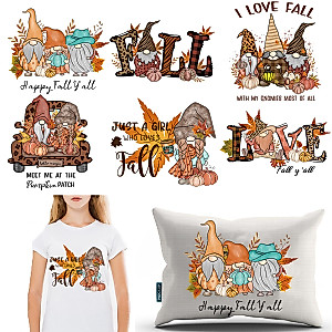 6 Sheets Thanksgiving Heat Transfers Vinyl Fall Iron On Transfers for T-Shirts Autumn Pumpkin Maple Leaf Gnome Design HTV Viny Appliques Sticker for Jean Pillow Cover DIY Decorations
