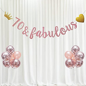 70 & fabulous Banner, Pre-Strung, No Assembly Required, Funny Rose Gold Paper Glitter Party Decorations for 70th Birthday Party Supplies, Letters Rose Gold,ABCpartyland