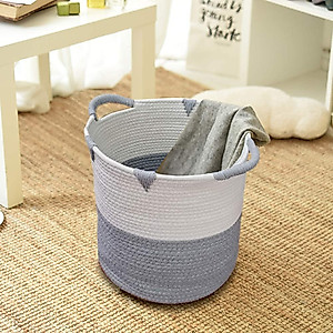 VIEIRO Cotton Rope Storage Baskets,2-Pack 12 inch x12 inch x14 inch Round storage Woven Basket,Cube Storage Bin,Collapsible Laundry Basket In Bedroom,Laundry Room,Nursery and Living Room For kids and Pets Clothes,Toy,Towels,Blanket(White and Gray)