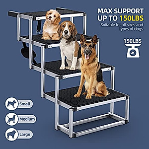 PetRuna Dog Car Ramp for Large Dogs, Portable Aluminum Foldable Pet Ladder with Non-Slip Surface, Lightweight Stairs Cars SUV, High Beds & Trucks, Supports up to 150 lbs, 4 Steps