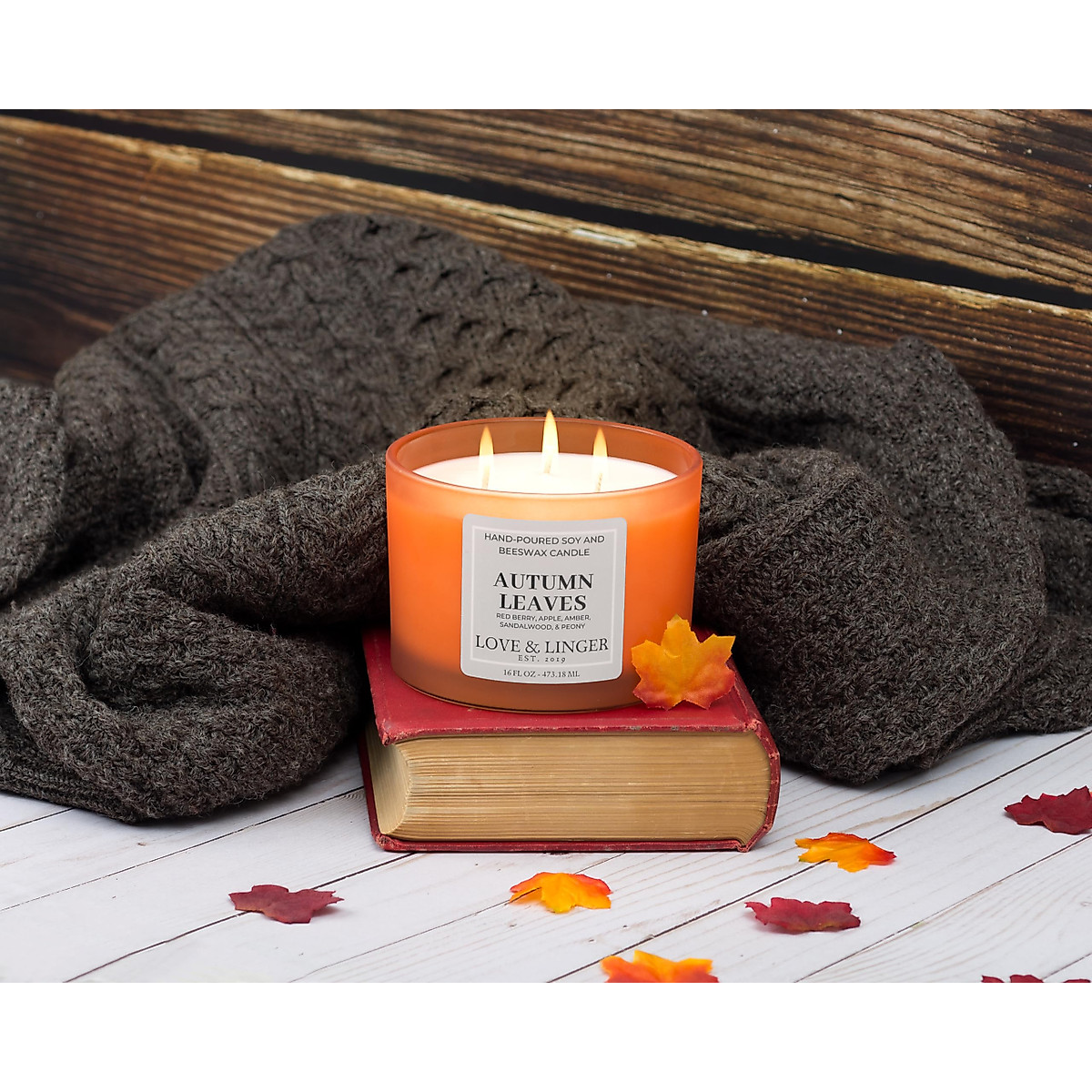 Autumn Leaves Candle | Fall Candles | Luxury Soy & Beeswax Candles for Home | 16 oz. Large Jar 3 Wick Candle | Thanksgiving Candle | Fall Scented Candle | Autumn Candles