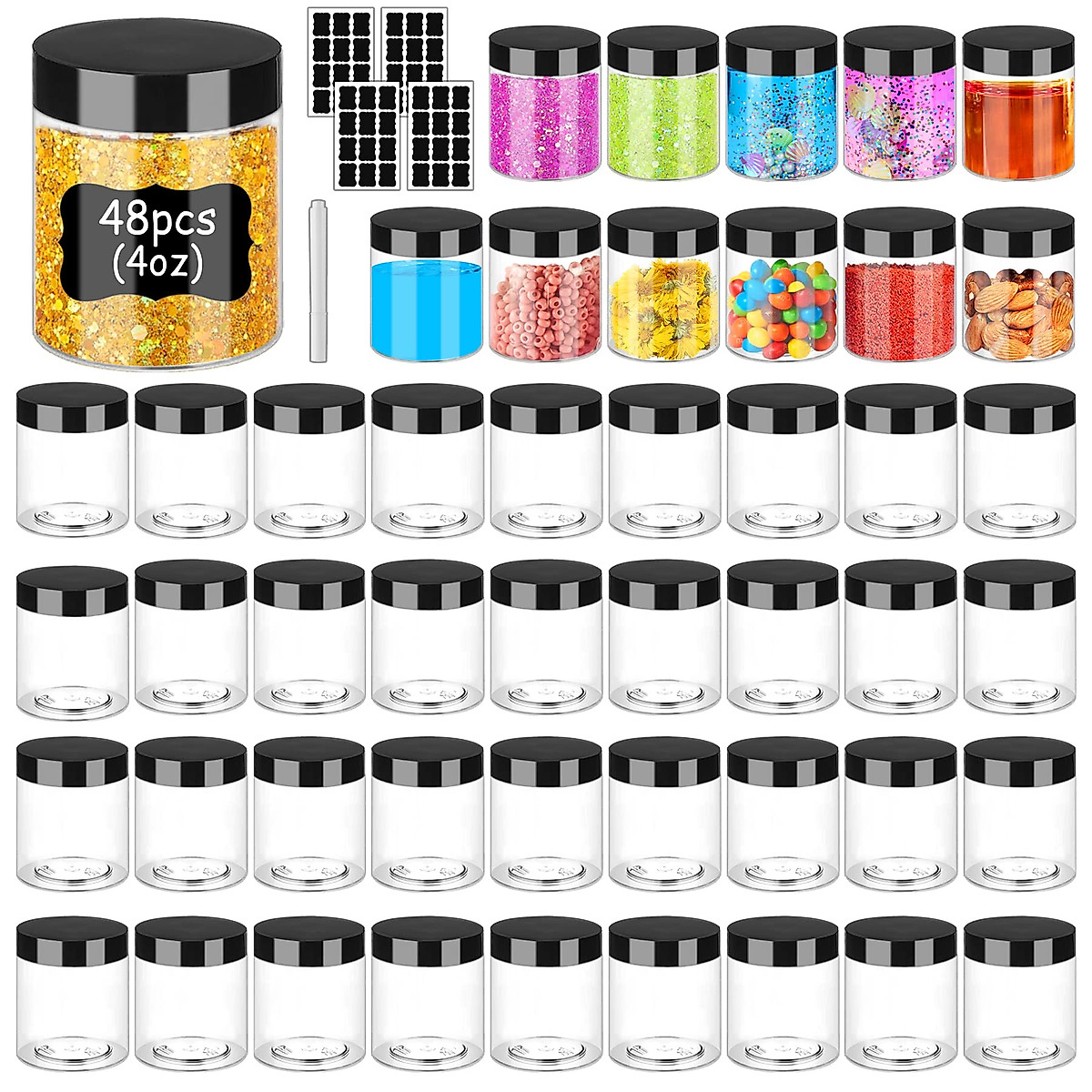 Hajoyful Plastic Jars with Lids 4OZ 48PCS,Small Cosmetic Slime Containers Clear Travel Round Jars Empty Refillable Sample Containers Leak Proof Pot Jars with Black Lids for Lotion, Cream, Cosmetics