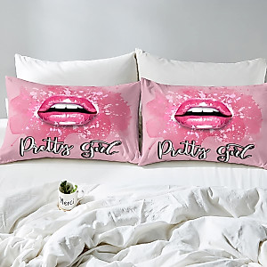 Erosebridal 3D Print Bed Sets Full Size,Pink Lip Duvet Cover for Kids Girls Women Teens,Sexy Theme Comforter Cover for Home Room Decor,Romantic Valentines Day Bedding Sets with 2 Pillow Covers