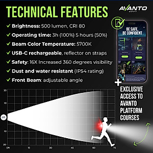 AVANTO PRO Chest Light, Original, USB-C Rechargeable, Running Lights for Runners, 500lm Adjustable Beam, 3-5h Use Time, Running Headlamp Flashlights, Walking Lights for Night Walking, Black
