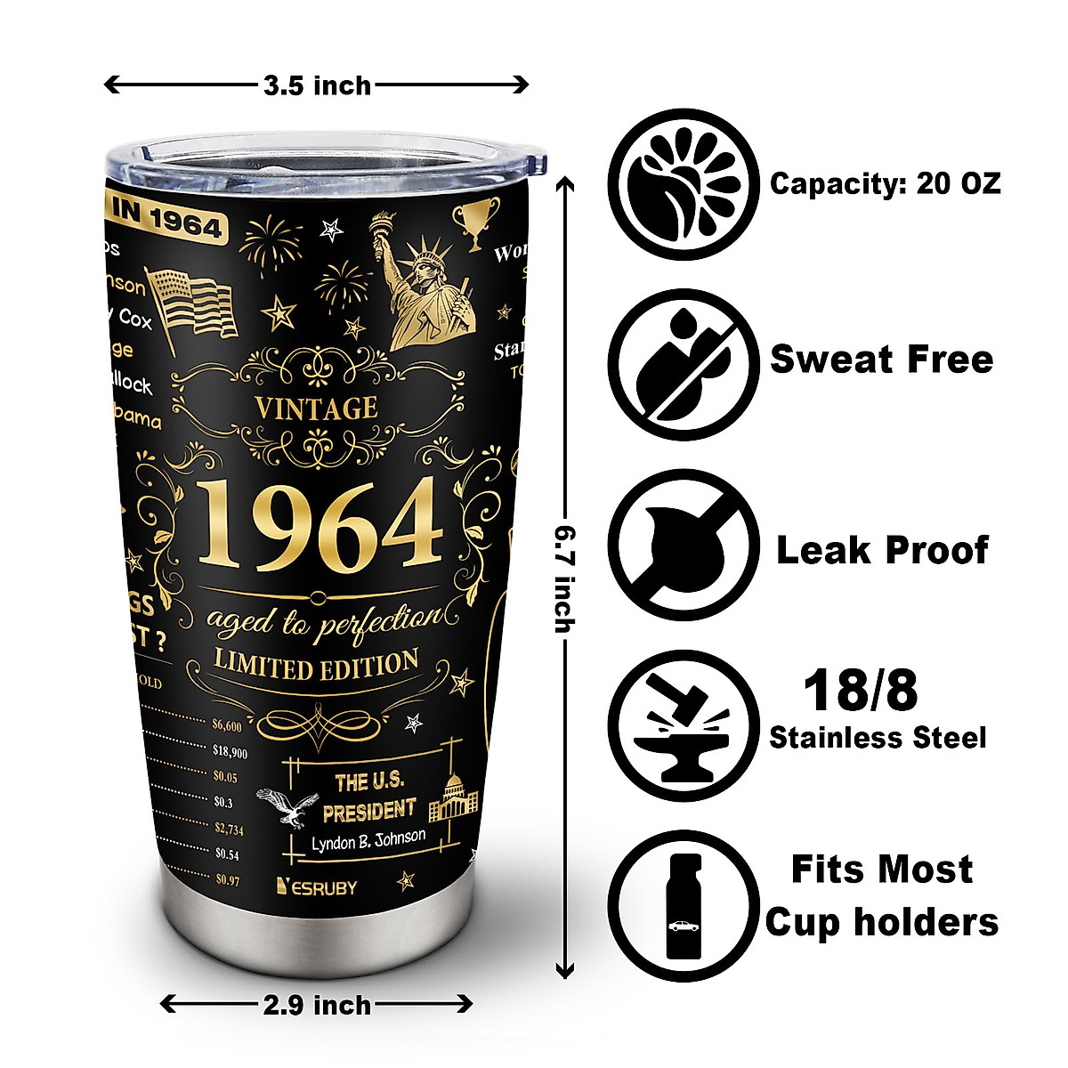 Yesruby 60th Birthday Gifts For Women Men, Gifts For Women Men Over 60, 1964 Birthday Tumbler 20oz, Gifts For Women Men In Their 60s, 60 Year Old Birthday Gifts For Women, 60th Birthday Decorations