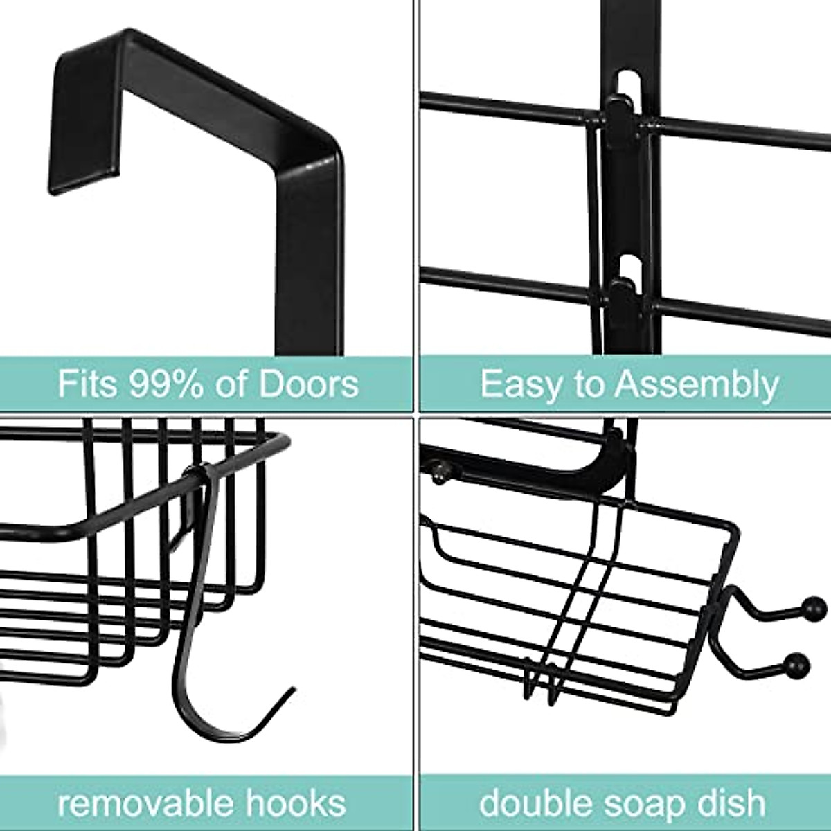 Fogein Over the Door Shower Caddy, Hanging Organizer Shelf Rustproof, Shower Basket with Suction Cup, Bathroom Shower Caddy Over The Door with Hook & Soap Box, No Drilling(3 Tier, Black)