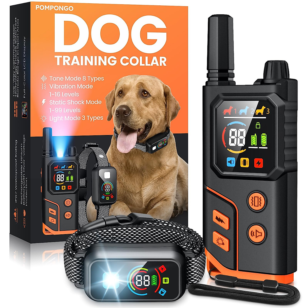 Dog Shock Collar 3300FT with Light for Night Walks, Dog Training Collar with Remote Control, E Collar with Adjustable Pitch Beep,Vibration and Shock,Rechargeable Waterproof Shock Collar for Dogs