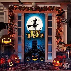 Panelee Halloween Door Decorations 79 x 35 Inches Skeleton Witch Window Door Cover Photo Posters Banner Backdrop Halloween Wallpaper Sticker for Front Door Porch Halloween Party Supplies(Moon, Witch)