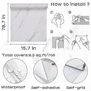 PeonyQueen Glossy Marble Contact Paper White Peel and Stick Wallpaper Marble Wallpaper Self-Adhesive Removable 15.7″x78.7″ Marble Contact Paper for Cabinets Vinyl Bathroom Waterproof Wallpaper