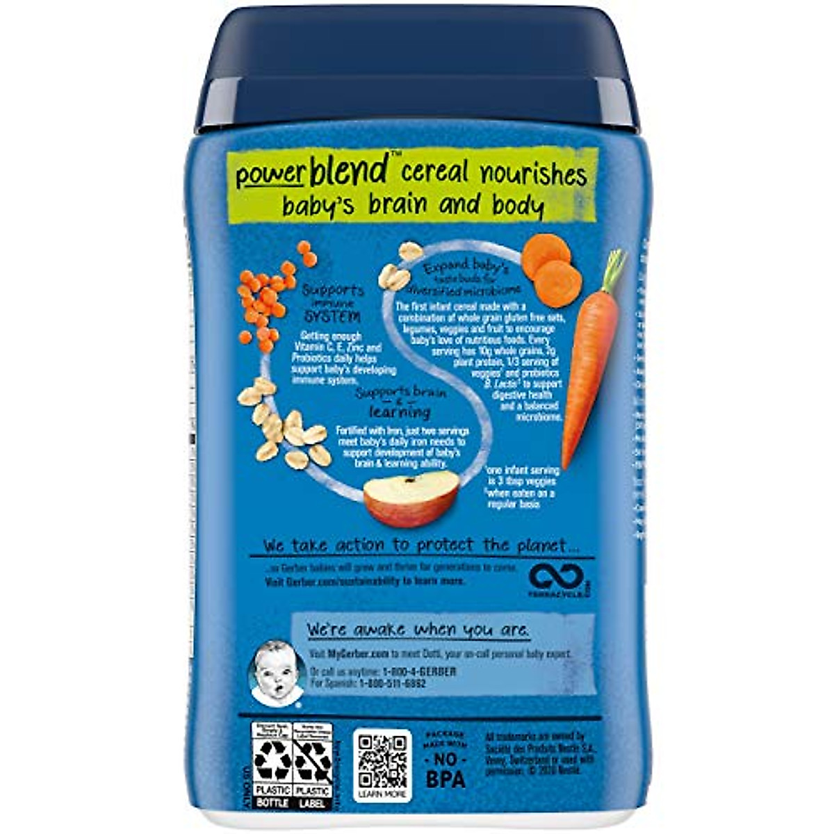 Gerber Cereal for Baby Power Blend Baby Cereal, Probiotic with Oatmeal, Lentil, Carrots & Apples, Made with Whole Grains & Plant Protein, 8 OZ Canister (Pack of 3)
