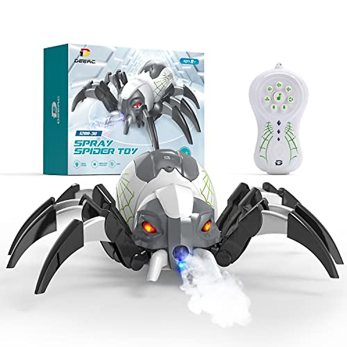 DEERC Remote Control Spider, Realistic Robot Spider with Spray and Lights, RC Big Boy Toys, Gifts for Kids, Easter Birthday Party Joke Pranks, Bot Black Widow Spider Real with Music Effect