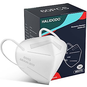 HALIDODO 60 Packs KN95 Face Mask, 5-Ply Comfortable Filter Safety Mask, Protective Face Cover Mask (White)