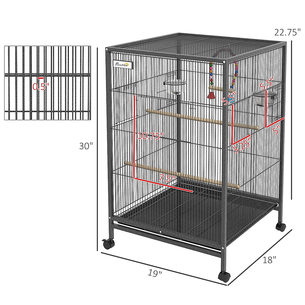Pawhut Metal Bird Cage with Stand for Parrots, Lovebirds, Finches, Large Bird Cage with Swing, Stainless Steel Bowls, Removable Tray for Small Birds, Gray
