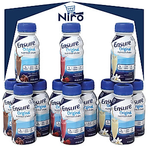 Niro Assortment | Ensure Original Nutrition Shakes | Variety Pack | Milk Chocolate Shake, Vanilla Shake, and Strawberry Flavors | Nutritional Full of Vitamins and Minerals 12 Pack | With Niro Travel Beverage Sleeve