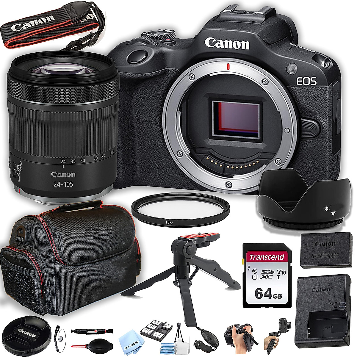 Canon EOS R100 Mirrorless Camera with 24-105mm Lens + 64GB Memory Card, Case, Hood, Grip-Pod, Filter Professional Photo Bundle (Renewed)