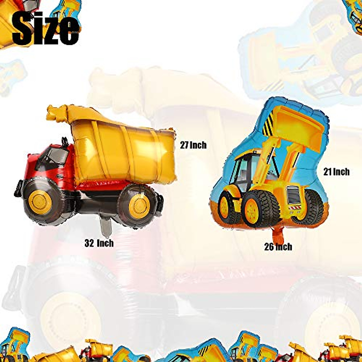 2 Pcs Construction Truck Themed Bulldozer Dump Truck Foil Mylar Balloon Birthday Party Decor Supplies