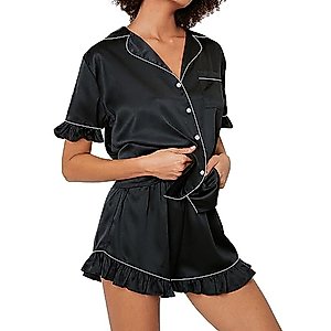 SWOMOG Women Silk Satin Pajama-Sets Short Sleeve Sleepwear Summer Loungewear 2 Pcs Nightwear Ruffle Hem Pyjamas Black