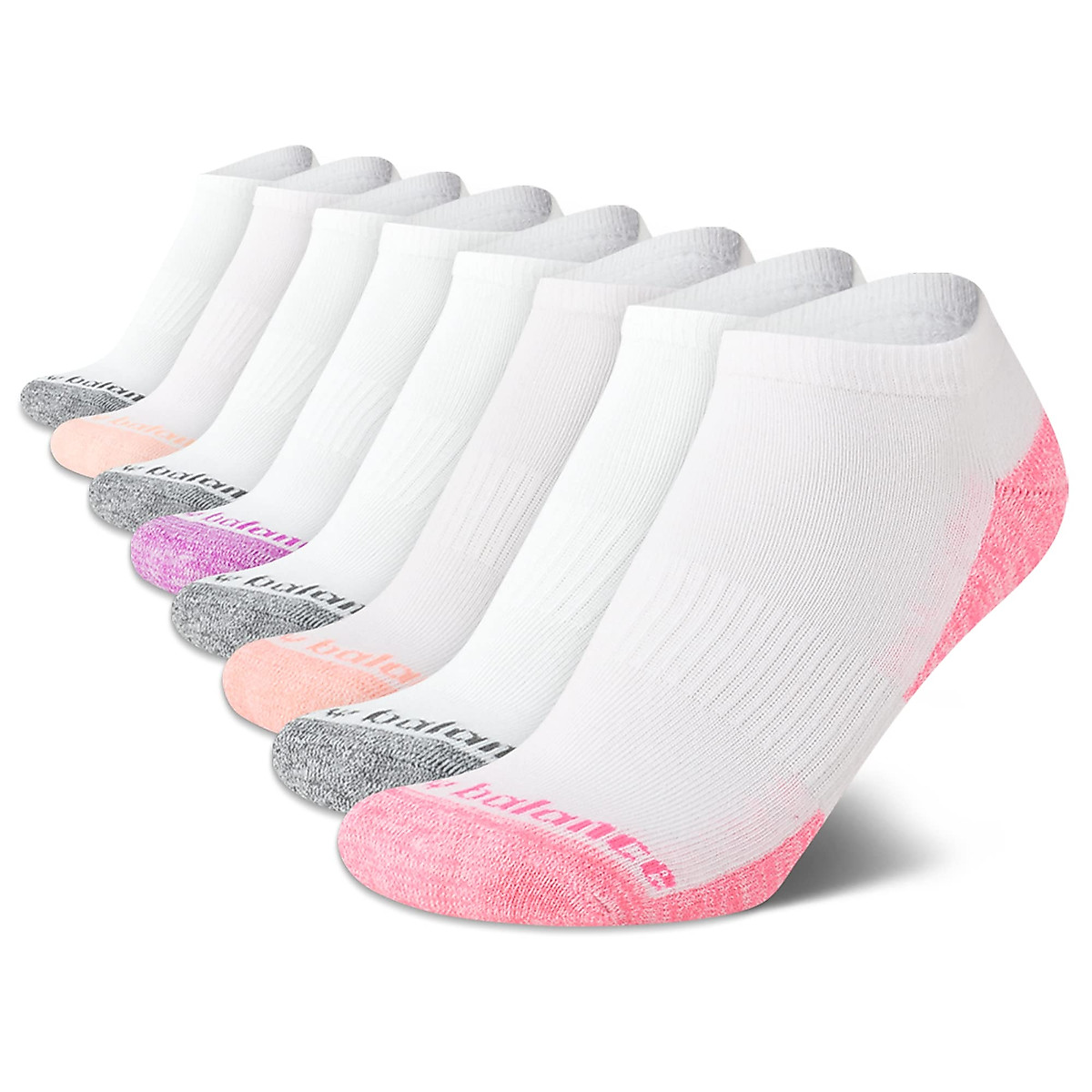 New Balance Girls' Athletic Low Cut Socks with Reinforced Heel and Toe (8 Pack), Size Medium, White Assorted