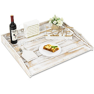 MyGift 30 Inch Extra Large Noodle Board, Shabby White Washed Solid Wood Stove Top Cover with Cutout Handles, Decorative Oversized Kitchen Countertop Serving Tray