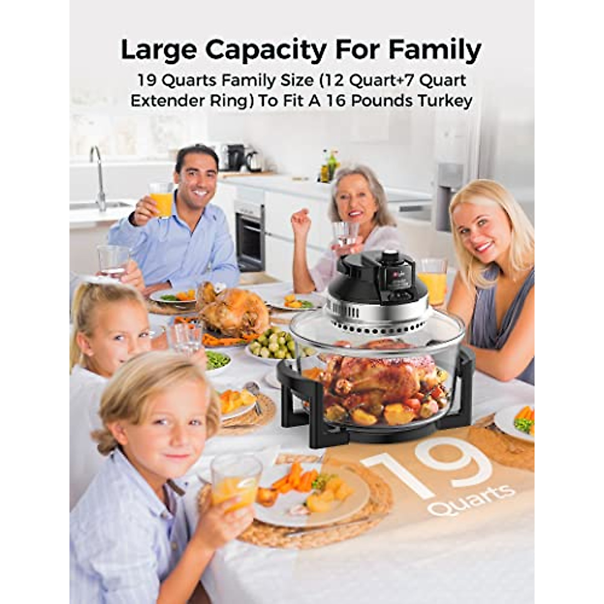 Oil-Free Air Fryer Oven, 12-19QT Air Fryer Toaster Oven, Right Large Infrared Halogen Convection Oven with Recipes, Nonstick and Dishwasher-Safe Glass Container (Black)