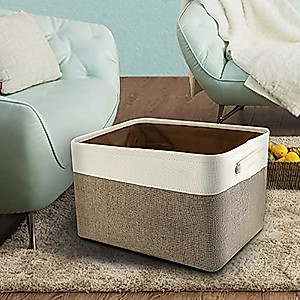 ECOMEX Fabric Storage Baskets for Organizing, Baskets Storage Bins Clothes with Rope Handles, Empty Decorative Gift Baskets for Nursery Shelf, Closet, Office（1 Pack, White Fight Brown）