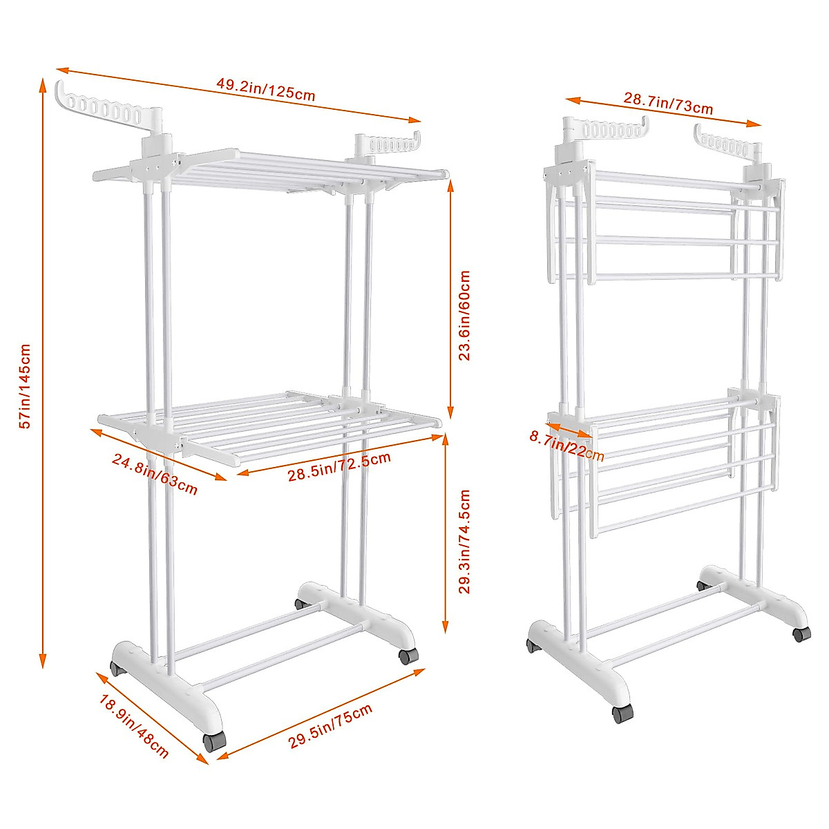Bigzzia 3 Tier Clothes Drying Rack, 57 Inch Laundry Drying Rack, Foldable Stainless Steel Kids Clothing Rack, Movable Laundry Rack for Indoor Outdoor - White