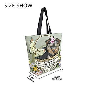 Women Top Bag Handle Handbags Shoulder Bag Yorkie Puppy With Daisy Tote Washed Canvas Purses Bag (be11d)