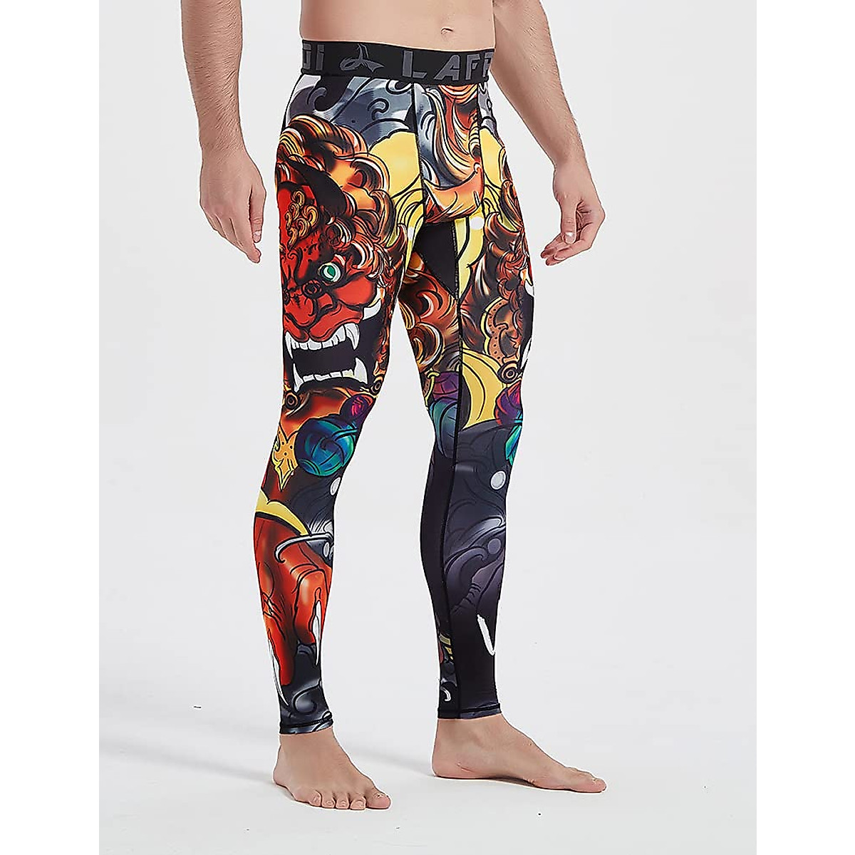 LAFROI Men's Quick Dry Cool Compression Fit Tights Leggings Waistband-YSK08 Lion Dance Size MD