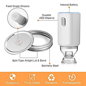 AIEVE Mason Jar Vacuum Sealer, 6 Pack Automatic Vacuum Sealer for Jars Wide Mouth, Including Rechargeable Mason Jar Vacuum Pump, Stainless Steel Vacuum Sealer Lids for Storage Food & Making Ferment (Mason Jar Vacuum Sealer Kit)