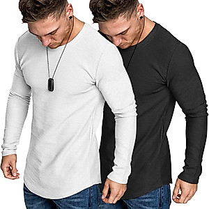 COOFANDY Men 2 Pack Fitted Muscle T Shirt Gym Workout Athletic Long Sleeves Tee Black/White